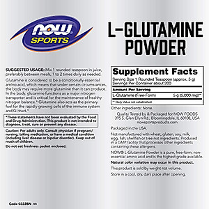 NOW Sports Nutrition, L-Glutamine Pure Powder, Nitrogen Transporter*, Amino Acid, 35.3-Ounce