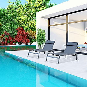 domi outdoor living 3 Pieces Adjustable Chaise Lounge Set Outdoor Patio Lounge Chair All Weather Five-Position Recliner Chair Set w/Coffee Table for Patio, Pool, Yard (Grey)