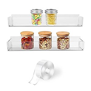 VAEHOLD Adhesive Acrylic Spice Rack with Nano Double Sided Tape Wall Mount Organizer Clear Wall Spice Rack With Shelf Ends for Kitchen Cabinet Door - 2 Pack 11 4/5‘’ Shelves