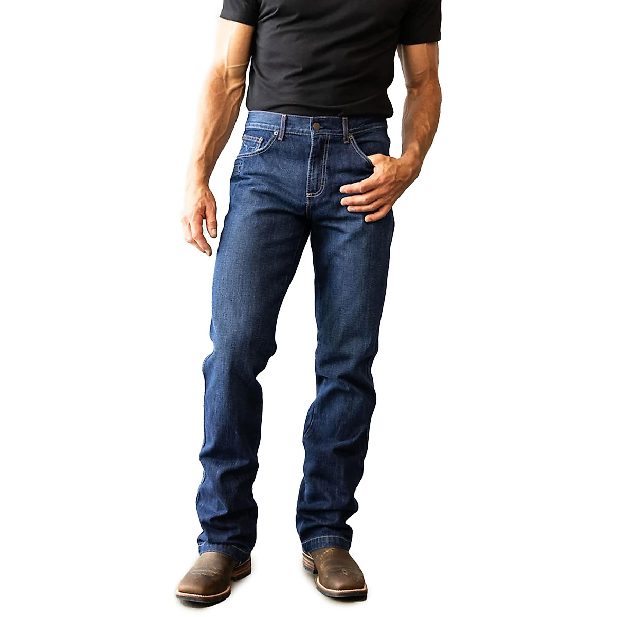 Kimes Ranch Men's Dillon Mid-Low Rise Relaxed Upper Thigh Wide Bootcut Hand-Sanded Integrated Knife Pocket Jean 36W/34L Indigo
