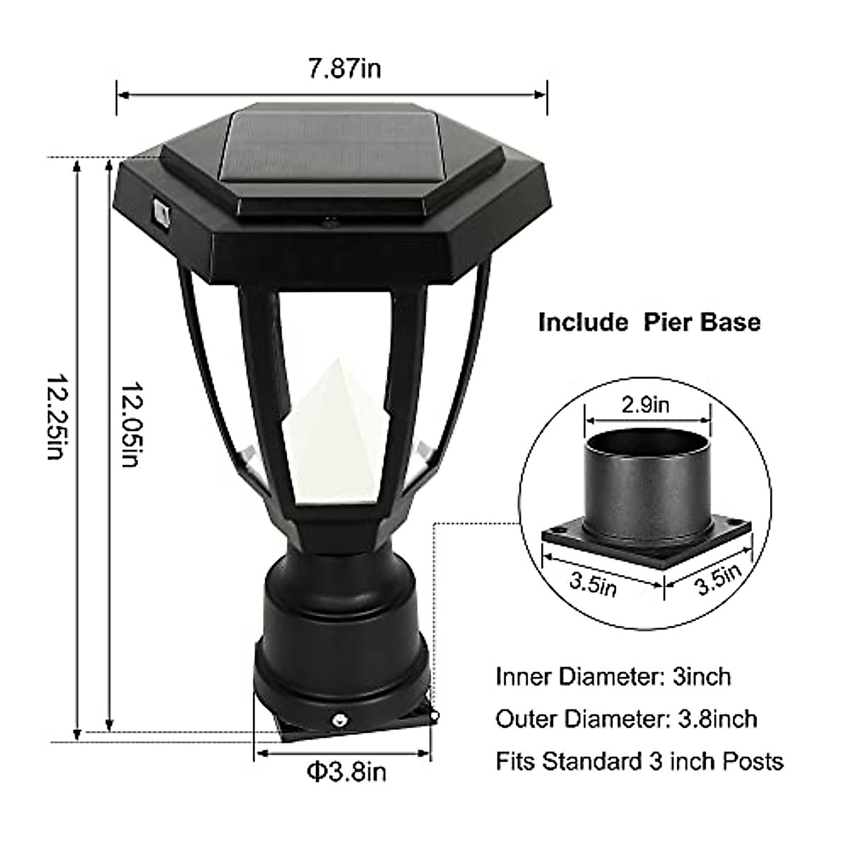 FUDESY LED Outdoor Solar Post Light, Waterproof Fence Post Lights Solar Powered, Plastic Black Solar Deck Post Lights for Garden Mount Landscape Yard Patio Pathway, Warm White, 3000K