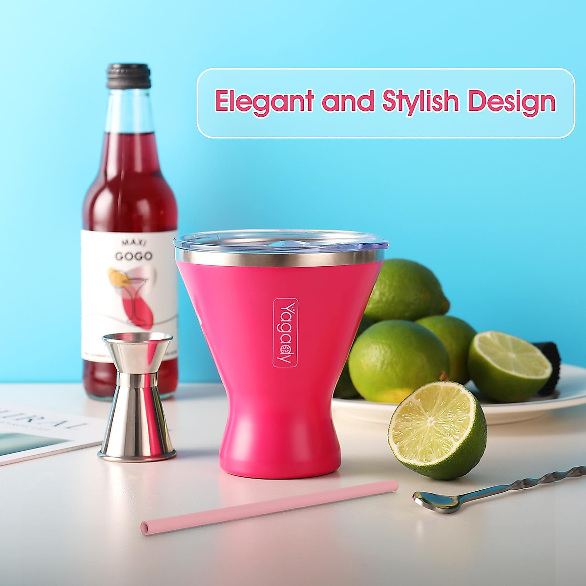 Yagady Stainless Steel Martini Tumbler with Lid & Cuttable Silicone Straw - 10oz Vacuum Sealed Insulated Martini Glass - Elegant Design Margarita Glass for Perfectly Chilled Drinks - Red