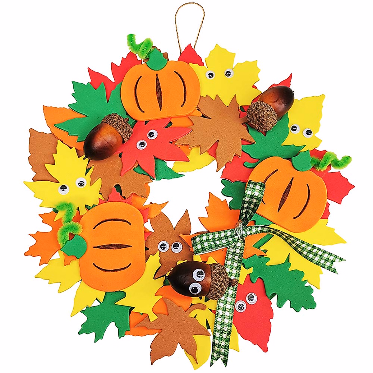 Supla 12 Kits 3D Pumpkin Fall Leaf Wreath Craft Kit DIY Thanksgiving Wreath with Maple Leaves Acorns Bows Wiggle Eyes for Kids Crafts Fall Thanksgiving Halloween Seasonal Decoration
