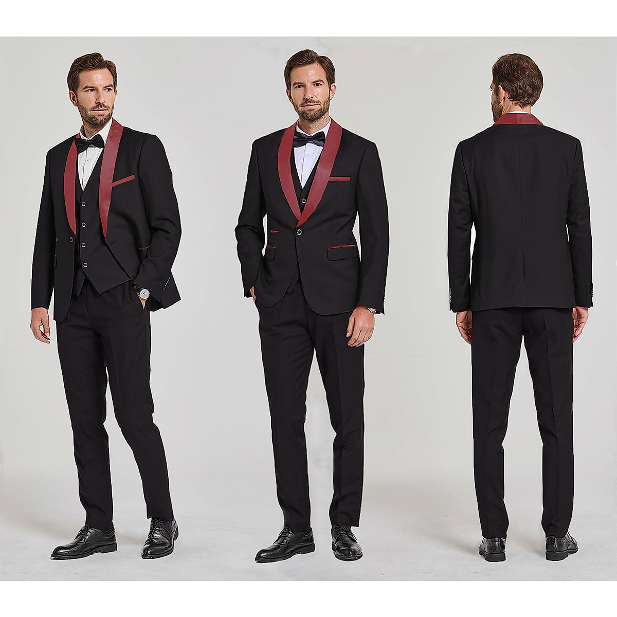 YND Men's 3 Piece Slim Fit Tuxedo Suit Set, One Button Shawl Collar Solid Business Blazer Jacket Vest Pants with Bow Tie, Maroon Collar Black