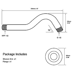 8 Inch S-Shape Curved Shower Arm with Flange Stainless Steel Shower Head Extension Replacement Pipe Arm,Wall Mounted,Chrome