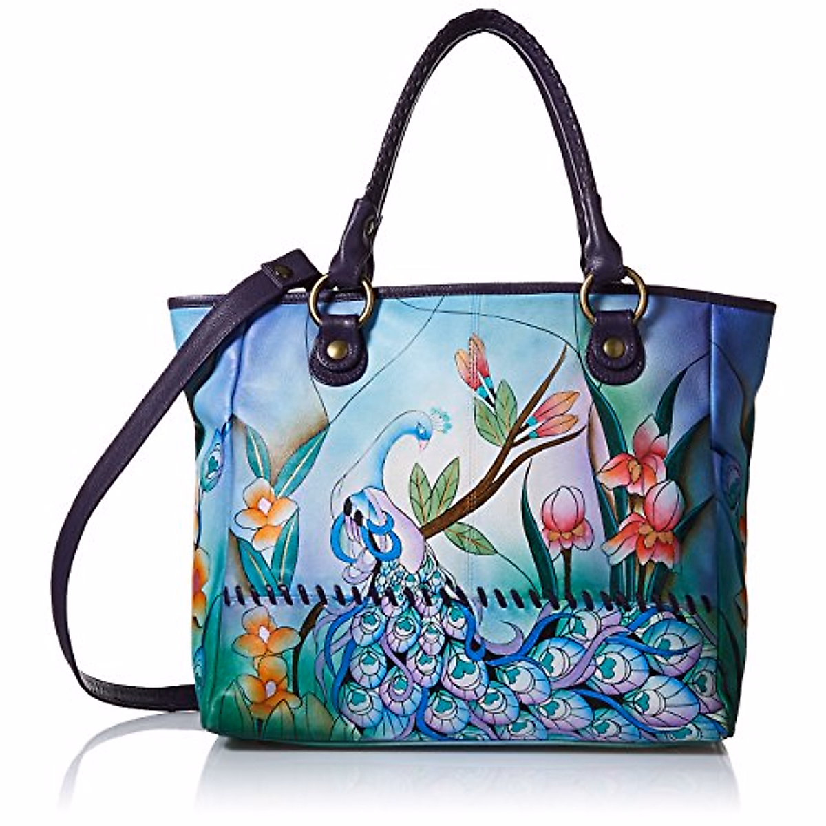 Anna by Anuschka Hand Painted Leather Women's Large Tote, Midnight Peacock