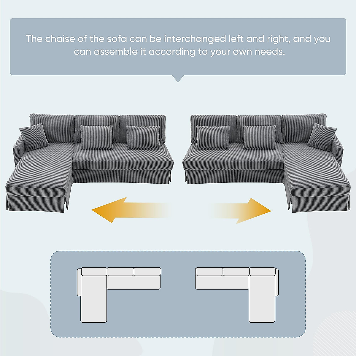 Merax 87" L-Shaped 4-seat Corduroy Sofa with Reversible Chaise, Convertible Sleeper Couch with Pillows, Modern Upholstered Sectional Indoor Furniture for Living Room,Apartment, Gray