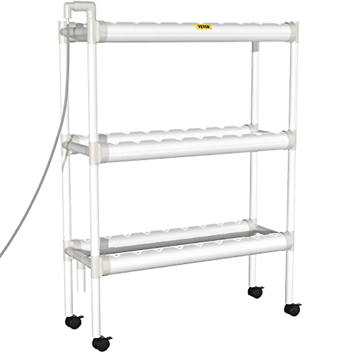 VEVOR Hydroponics Growing System, 54 Sites 6 Food-Grade PVC-U Pipes, 3 Layers Indoor Planting Kit with Water Pump, Timer, Nest Basket, Sponge for Fruits, Vegetables, Herb, White