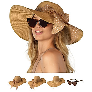 Funcredible Khaki Sun Hat for Women - Khaki Wide Brim Hat - Large Floppy Beach Hat - Straw Sun Hats with Bow and Heart Shape Glasses