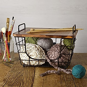 Gourmet Basics by Mikasa Madam Metal Stacking/Nesting Rectangular Basket with Acacia Lid, Antique Black