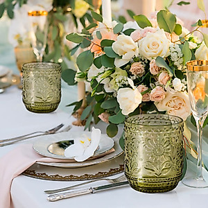 Airsky Set of 6 Olive Green Vintage Drinking Glassware- 12OZ Green Glass Drinking Cups, Thick Farmhouse Drinking Glasses, Embossed Kitchen Glassware for Soda Lemonade Cocktail Wine, Dishwasher Safe