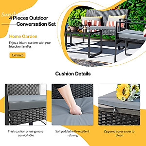 JUMMICO 4 Piece Patio Set Outdoor Rattan Chairs with Cushion & Table Metal Bistro Conversation Sets Modern Porch Furniture for Garden, Balcony, Poolside (Grey)