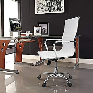 Devoko Office Desk Chair Mid Back Leather Height Adjustable Swivel Ribbed Chairs Ergonomic Executive Conference Task Chair with Arms (White)