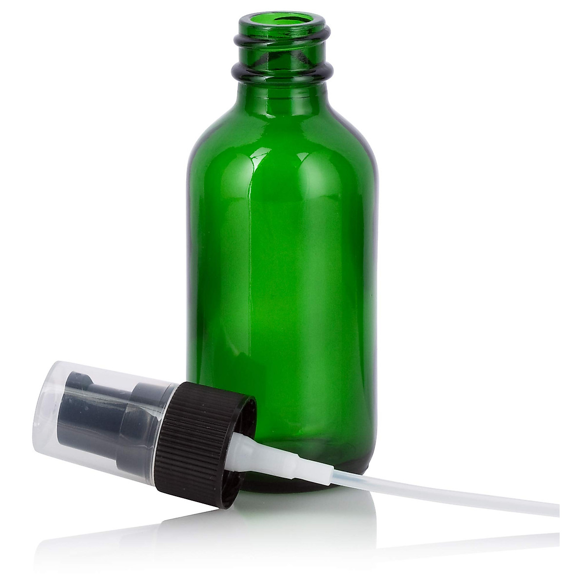 JUVITUS 2 oz / 60 ml Green Glass Boston Round Black Treatment Pump Bottle (12 Pack) + Funnel