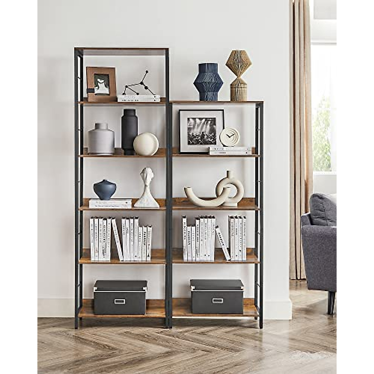 VASAGLE 5-Tier Bookshelf, Bookcase for Office, 11.8 x 23.6 x 56.7 Inches, Shelving Unit, with Back Panels, Industrial Style, for Living Room, Study, Home Office, Rustic Brown and Black ULLS117B01