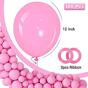 Garma Pink Balloons 12 inch, 100PCS Pink Latex Party Balloons for Balloons Arch as Valentine's Day, Birthday Party, Wedding, Anniversary, Baby Shower, Halloween Party Decorations (with Pink Ribbon)