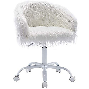 Hi&Yeah Cute Unicorn Faux Fur Desk Chair with Roller Wheel, Comfy Fluffy Adjustable Height Home Office Chair for Teens Adults Study Room Bedroom, White