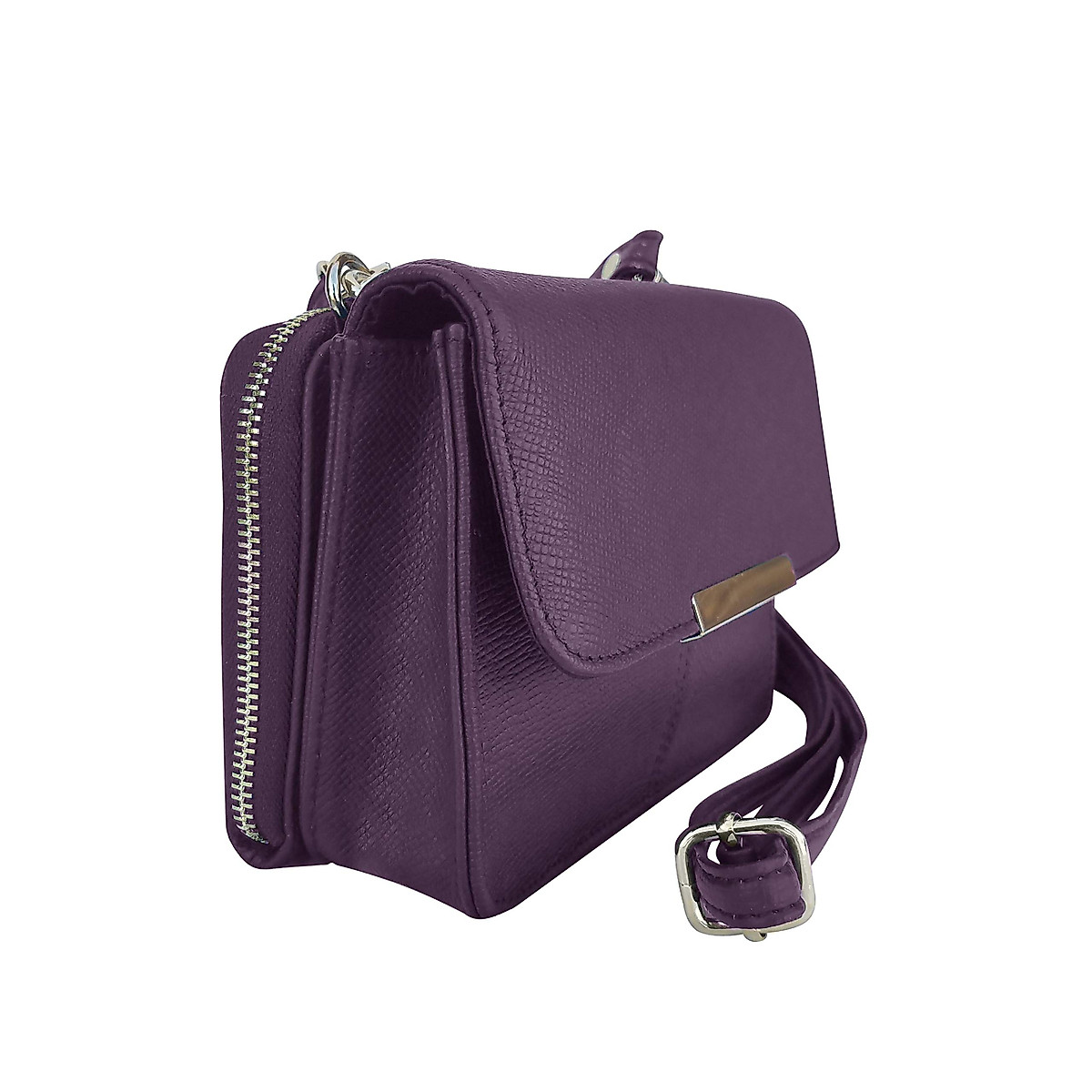 Roma Leathers Mini Leather Cross Body Purse - Premium Purple Embossed Cowhide Leather - Backside Detachable Wallet - Adjustable and Removable Shoulder Strap - Designed in USA