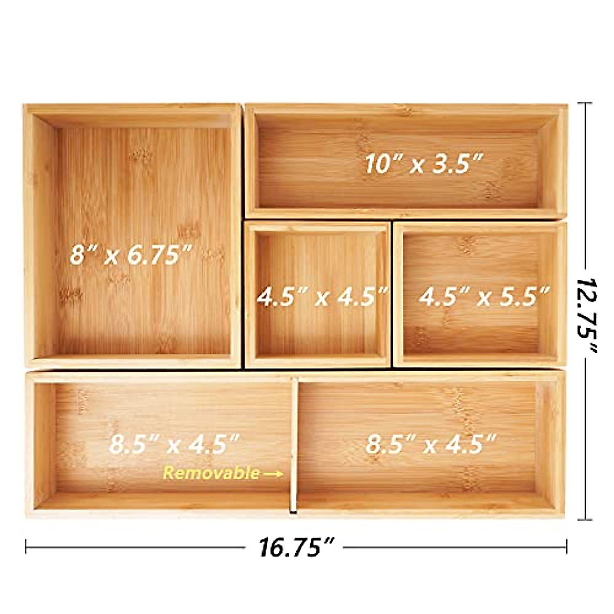 Fabsome Bamboo Drawer Organizer Box Set, 5 Individual Storage Containers for Makeup Utensil, Drawer Organization for Kitchen, Vanity, Dresser, Pantry, Garage, Office