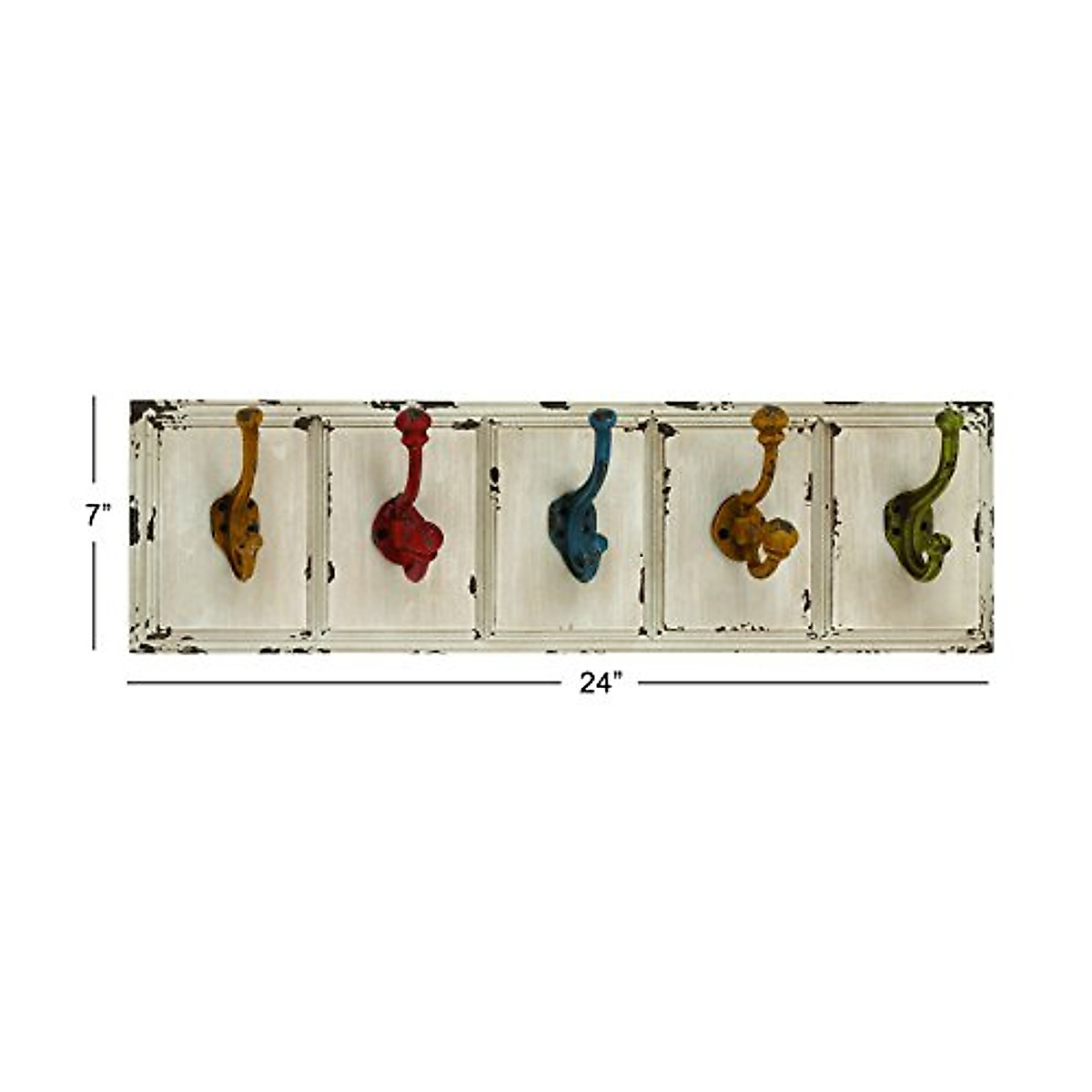 Deco 79 Wood 5 Hangers Wall Hook with Multi Colored Hooks, 24" x 4" x 7", White