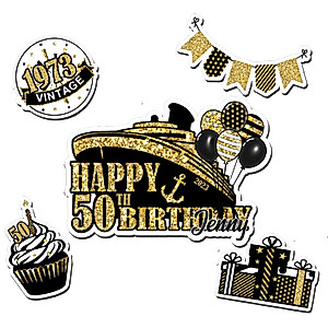 CFMONOGRAM Happy Birthday Magnets for Cruise Door - 50th Birthday Cruise Door Decorations Magnetic, Decorative Themed Stateroom signs, Fun Happy Birthday Ship Cabin sign (New Gold Glitter Effect Ship)
