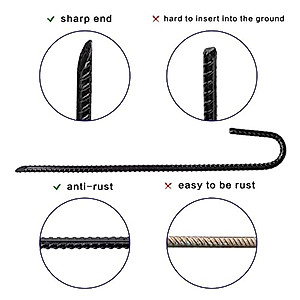 QJL 12 Inch Rebar Stakes, 8 Pack Heavy Duty J Hook Galvanized Ground Stakes, Metal Steel Tent Stakes Ground Anchors