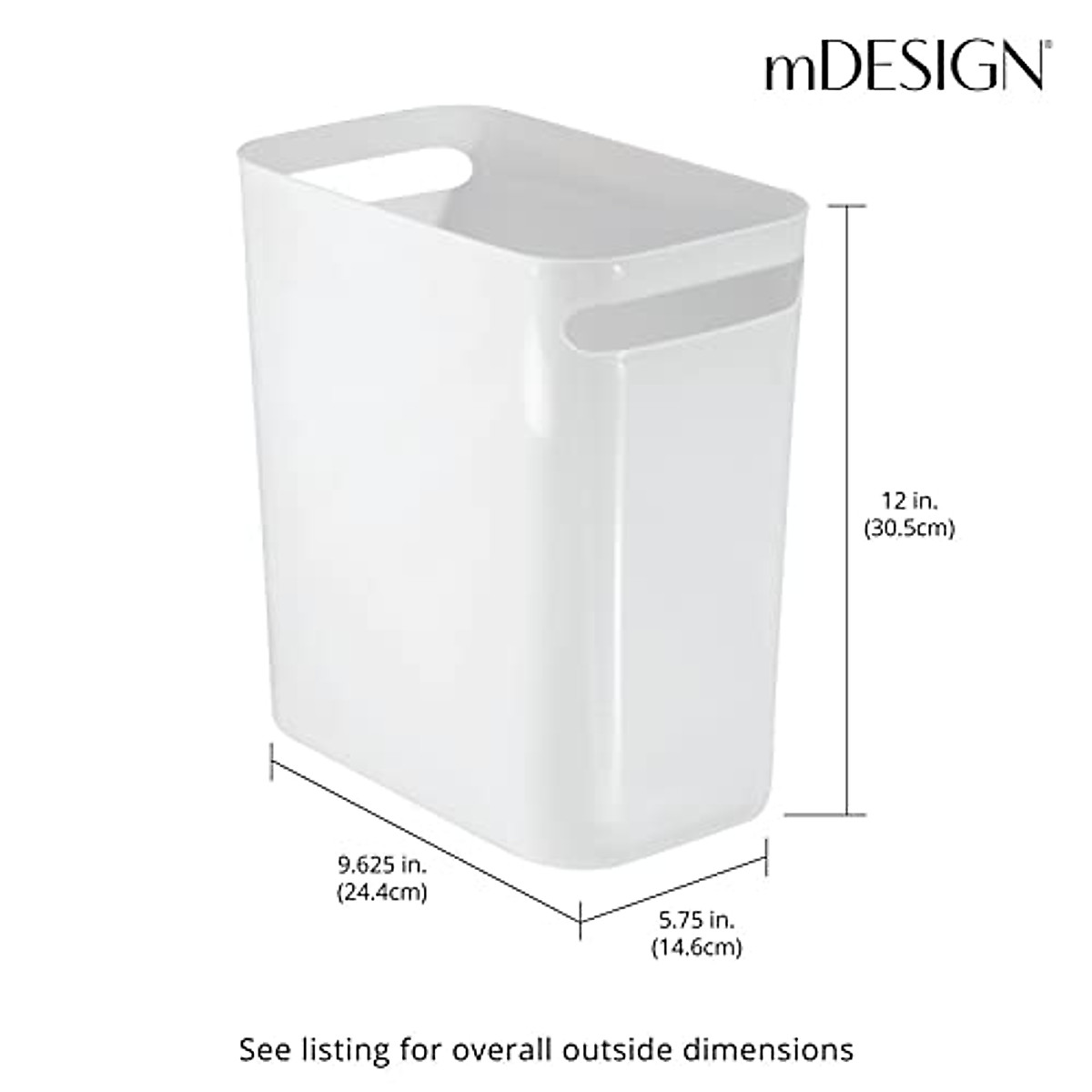 mDesign Plastic Slim Large 2.5 Gallon Trash Can Wastebasket, Classic Garbage Container Recycle Bin for Bathroom, Bedroom, Kitchen, Home Office, Outdoor Waste, Recycling, Aura Collection, 2 Pack, White