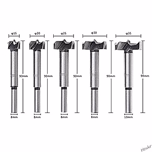 Houkr 5PCS Forstner Drill Bits Sets/15-35mm High Carbon Steel Long Round Shank Hinge Hole Cutter Drill Bit Set for Wood Plastic Plywood, Forstner Bit