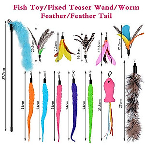 Oziral Cat Teaser, 15PCS Retractable Cat Toy Feather Teaser Cat Toy Cat Wand Feather Interactive Toys with Bells and Feather Refills Set for Indoor Cat and Kitten Exercise