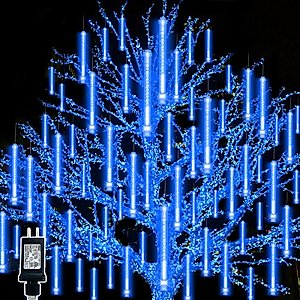 TAO XIANG QI 288 LED Christmas Lights Meteor Shower Rain Lights Outdoor Decor,8 Tube 12.2 Inch Waterproof Plug in Falling Rain Fairy String Light Christmas Decor Outdoor Tree Holiday Party Home(Blue)