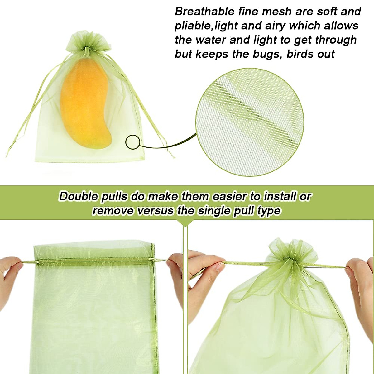 100pcs Fruit Protection Bags 6x9 inch, Green Netting Cover Bags Drawstring Mesh Fruit Protectors Pest Barrier for Mangoes Tomatoes Fruit Trees Veggies Garden