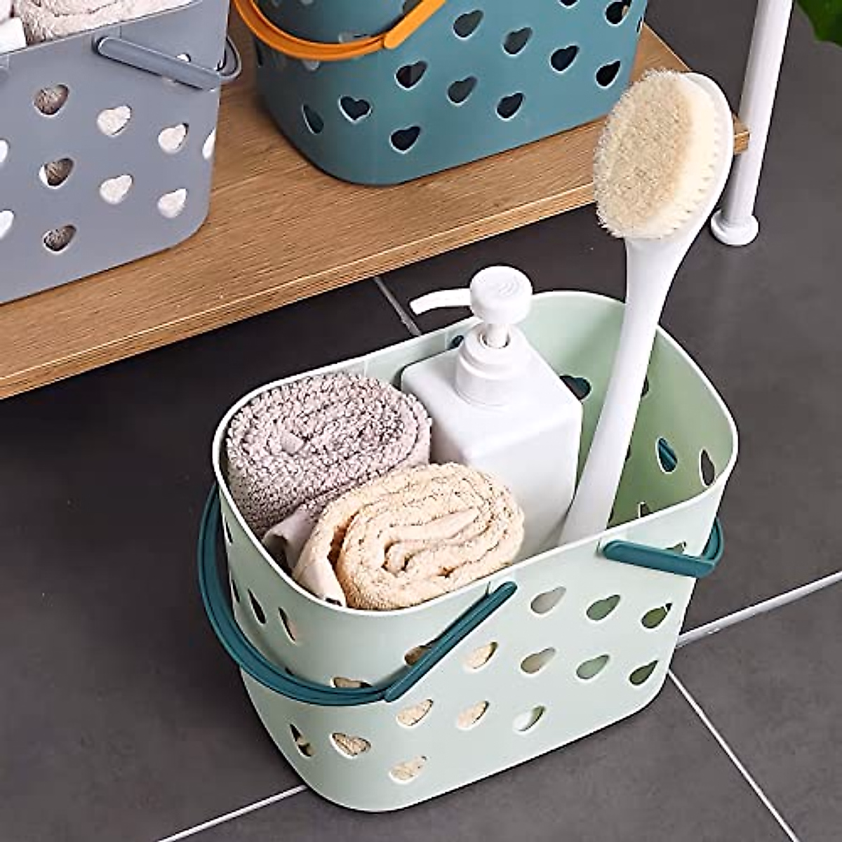 Anyoifax 2 Pack Portable Shower Caddy Tote Plastic Storage Basket with Handle Box Organizer Bin for Bathroom, Pantry, Kitchen, College Dorm, Garage, Set of 2 - Pink & Green