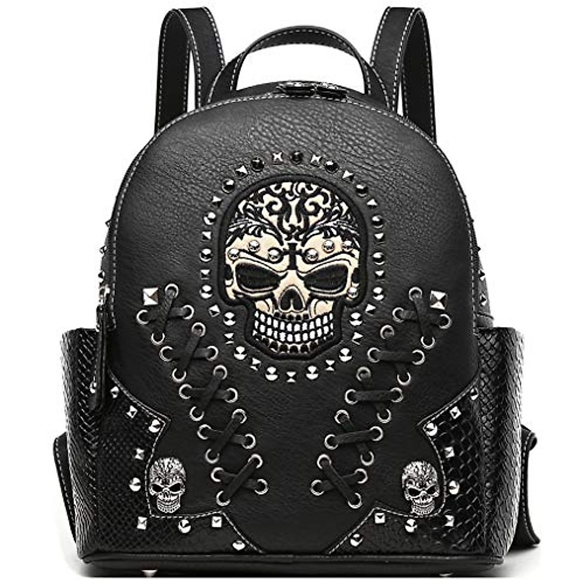 Cowgirl Trendy Sugar Skull Punk Art Rivet Stud Biker Purse Women Fashion Backpack Python Daypack Shoulder Bag Wallet Set (Black Set), Large