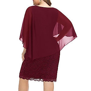 Burgundy Plus Size Dresses Wedding Guest Red Formal Cocktail Party Women Ladies Mother Cape Chiffon Lace Overlay Dress