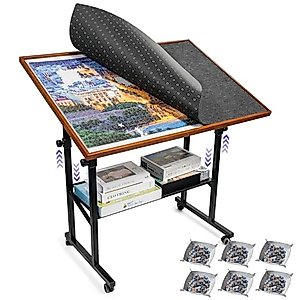 Sunix 1500 Pieces Jigsaw Puzzle Table with Legs, 36"x26" Adjustable Height Puzzle Board with Cover & 6 Sorter Tray, 12-Tilting-Angle Portable Wooden Puzzle Table for Adults