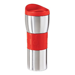 Oggi 8062.2 Stainless Steel Travel Mug with EZ-Twist Lid, Red Grip and Lid, 16-Ounce