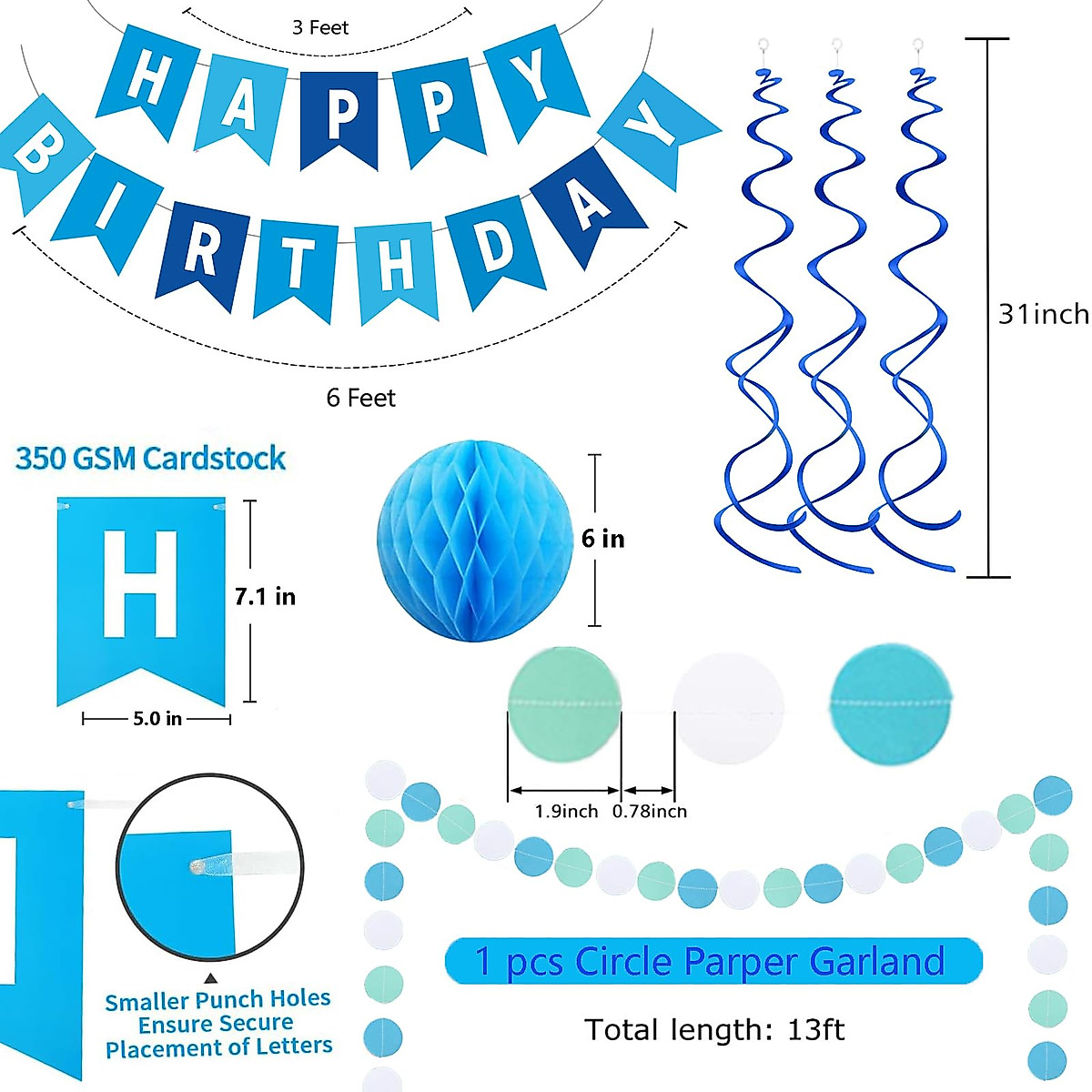 Happy Birthday Banner Sign Decorations - Atiger 28 PCS Happy Birthday Banners, Blue Happy Birthday Decorations for Men Boys, Party Decorations Supplies for Home Classroom, Decor Banner 9 ft