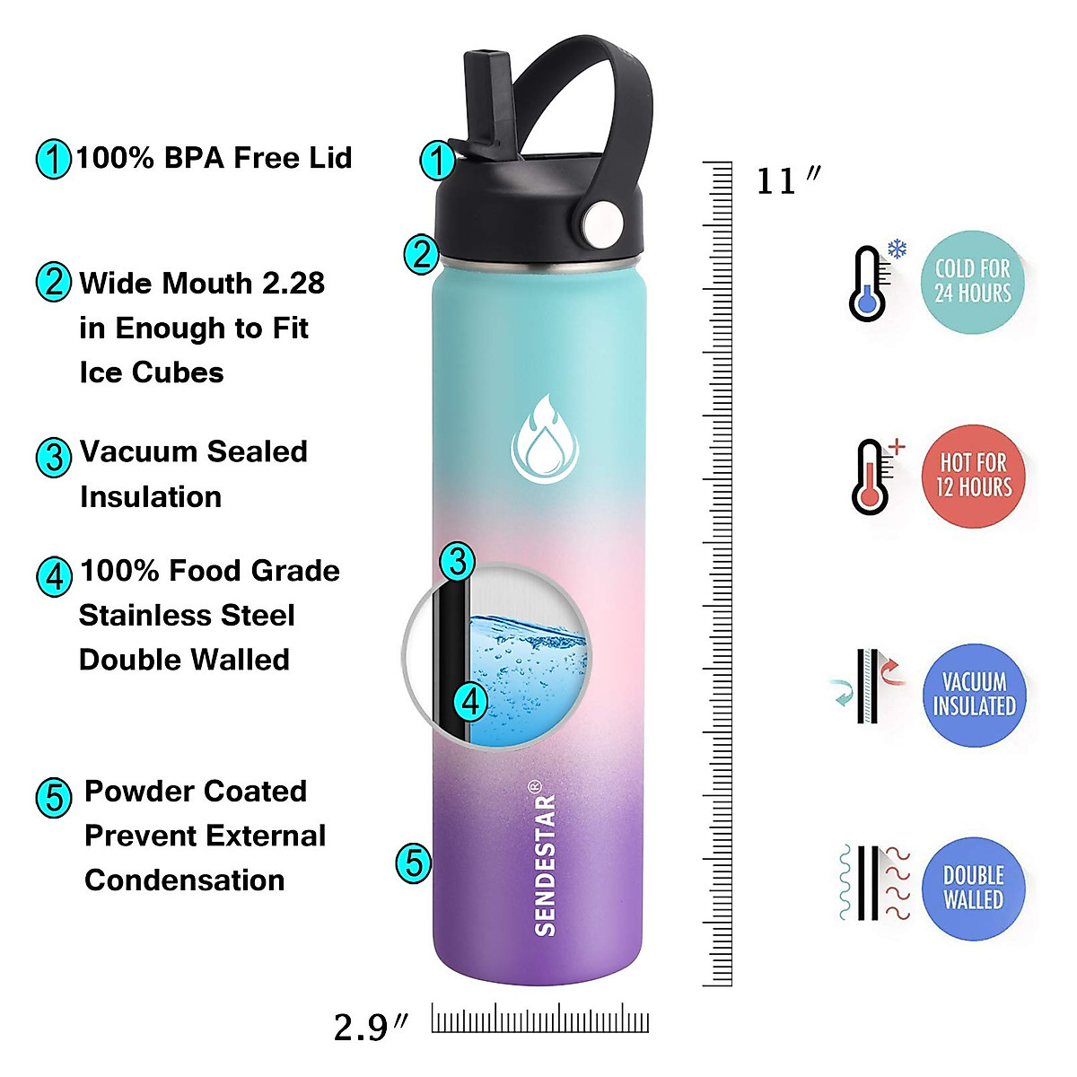 SENDESTAR Stainless Steel Water Bottle, Wide Mouth Water Bottle 24 oz with Straw Lid, Spout Lid, Double Wall Vacuum Insulated Leak Proof, Keeps Liquids Hot or Cold (Hydrangea)