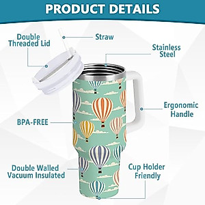 CIJEMAPW Retro Travel Insulated Tumblers Balloons 30 oz Water Bottles Travel Mug with Handle and Straw Lid Leakproof School Work Outdoor for Women & Men