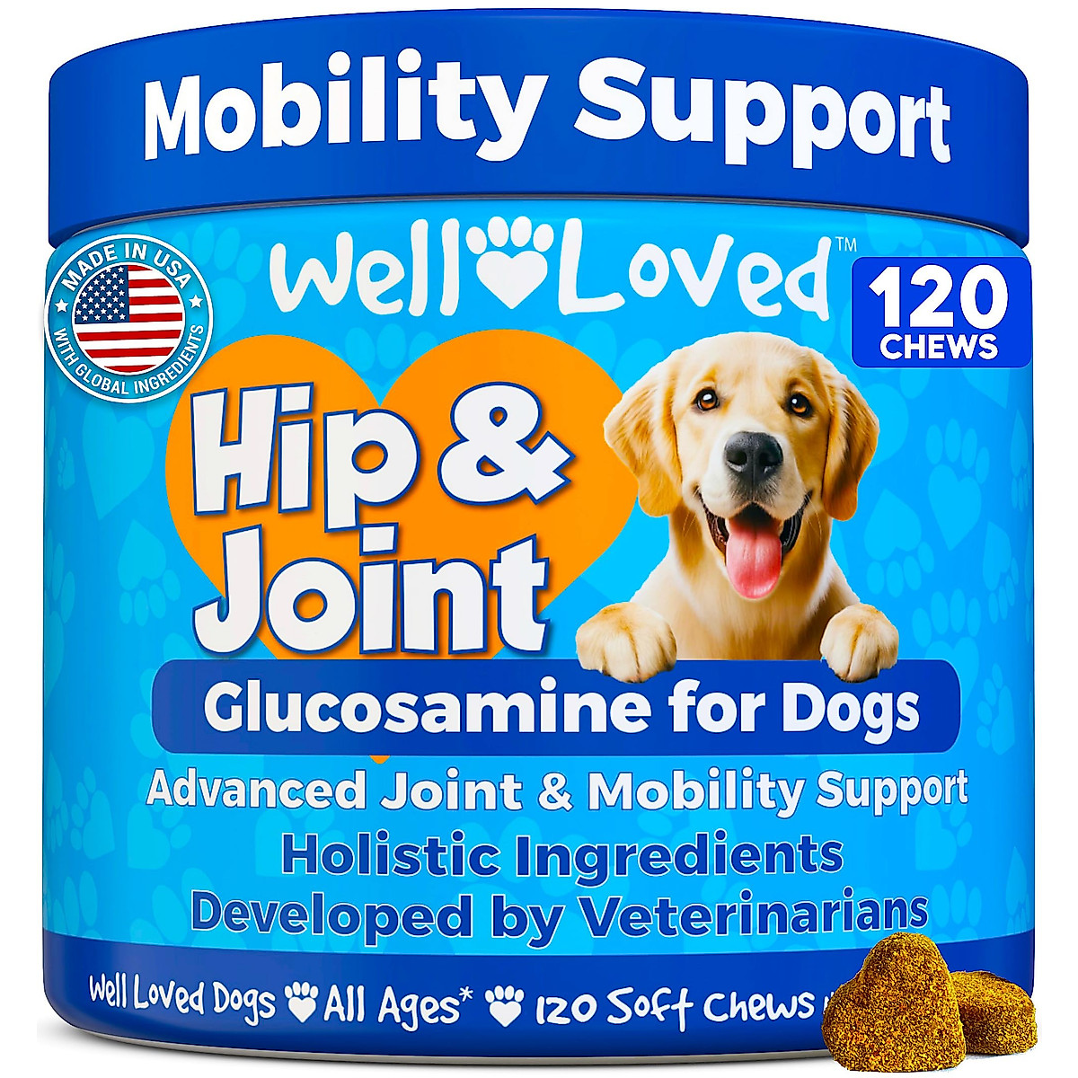 Well Loved Glucosamine for Dogs - Joint Supplement for Dogs, Made in USA, Vet Developed, Dog Joint Supplement, Glucosamine Chondroitin for Dogs, Advanced Hip and Joint Chews with MSM, Pain Relief, 120