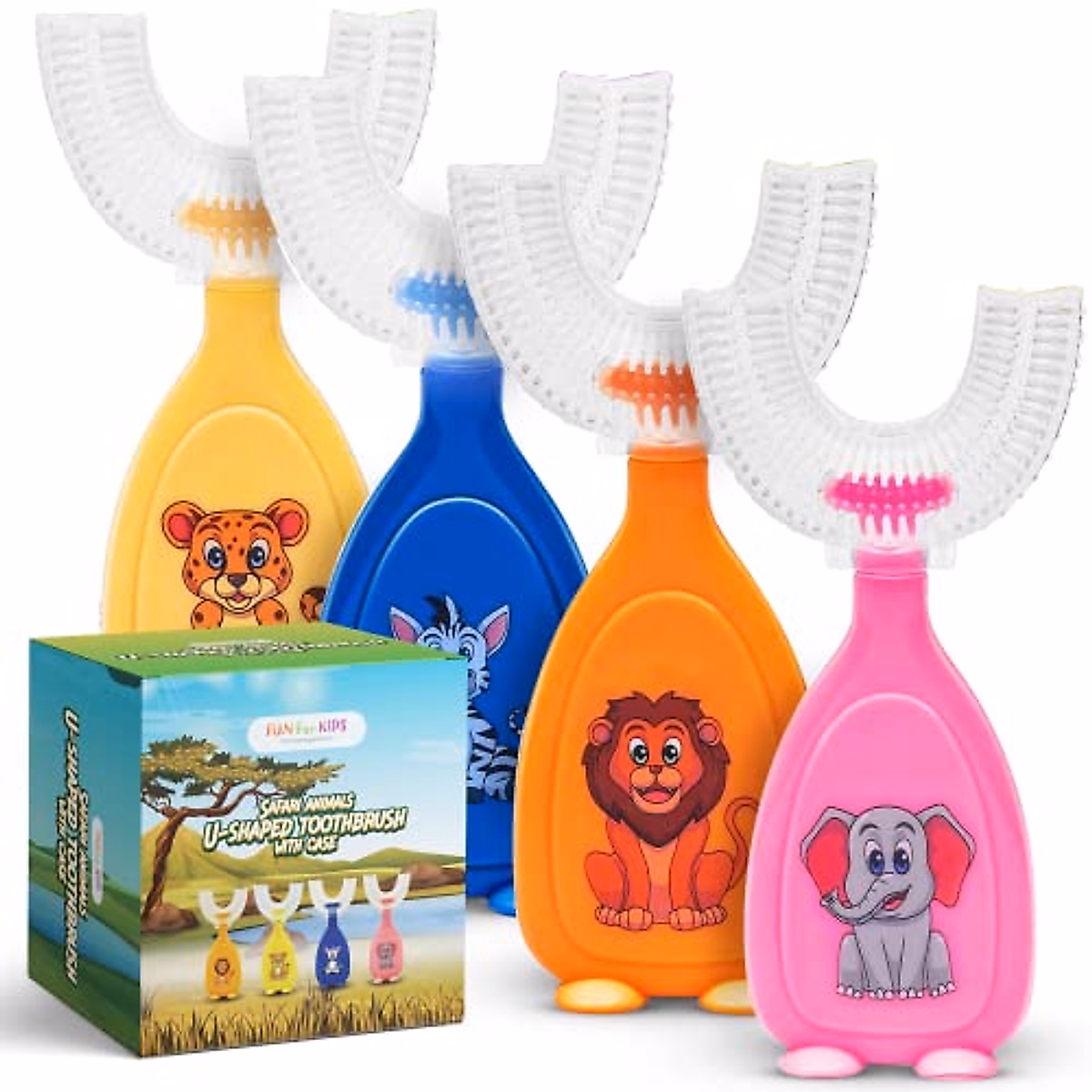 ZOFREY Kids Toothbrushes U Shape 4 Pack - Kids Toothbrushes with Safari Animals and 4 Free E-Books, U Shaped Toothbrush Kids Age 2-6, 360 Toothbrush Toddler, Autism Toothbrush for Kids, BPA Free