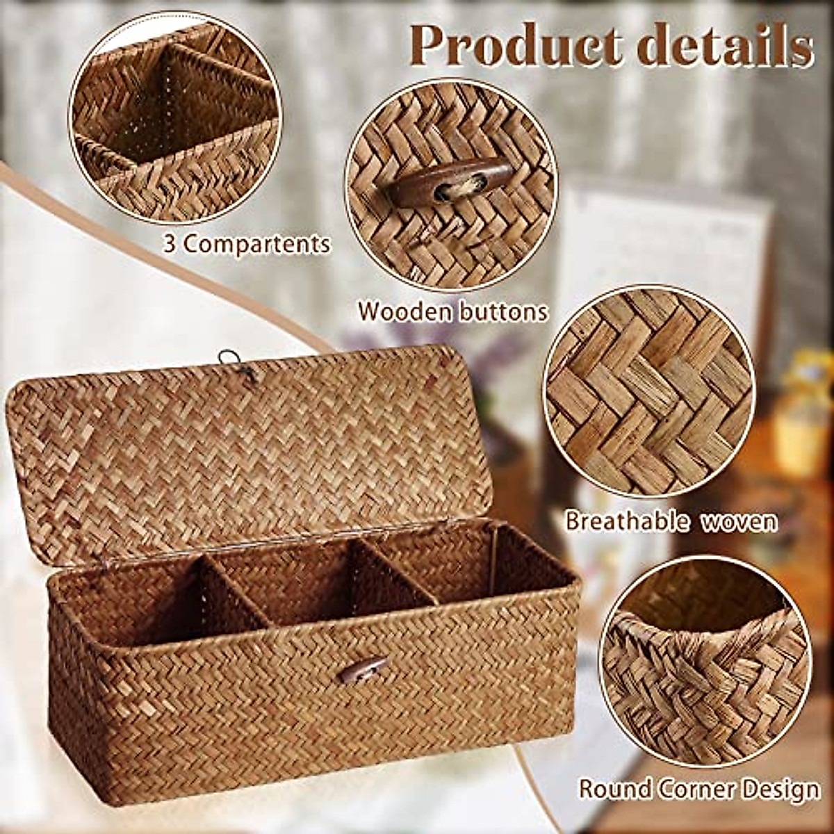 2 Pieces Seagrass Baskets with Lid, Rectangular Hand Woven Wicker Bin Storage Box for Shelves Organizing, Small Rustic Home Storage Organizer Container for Toilet Paper Snack Toys (Khaki)