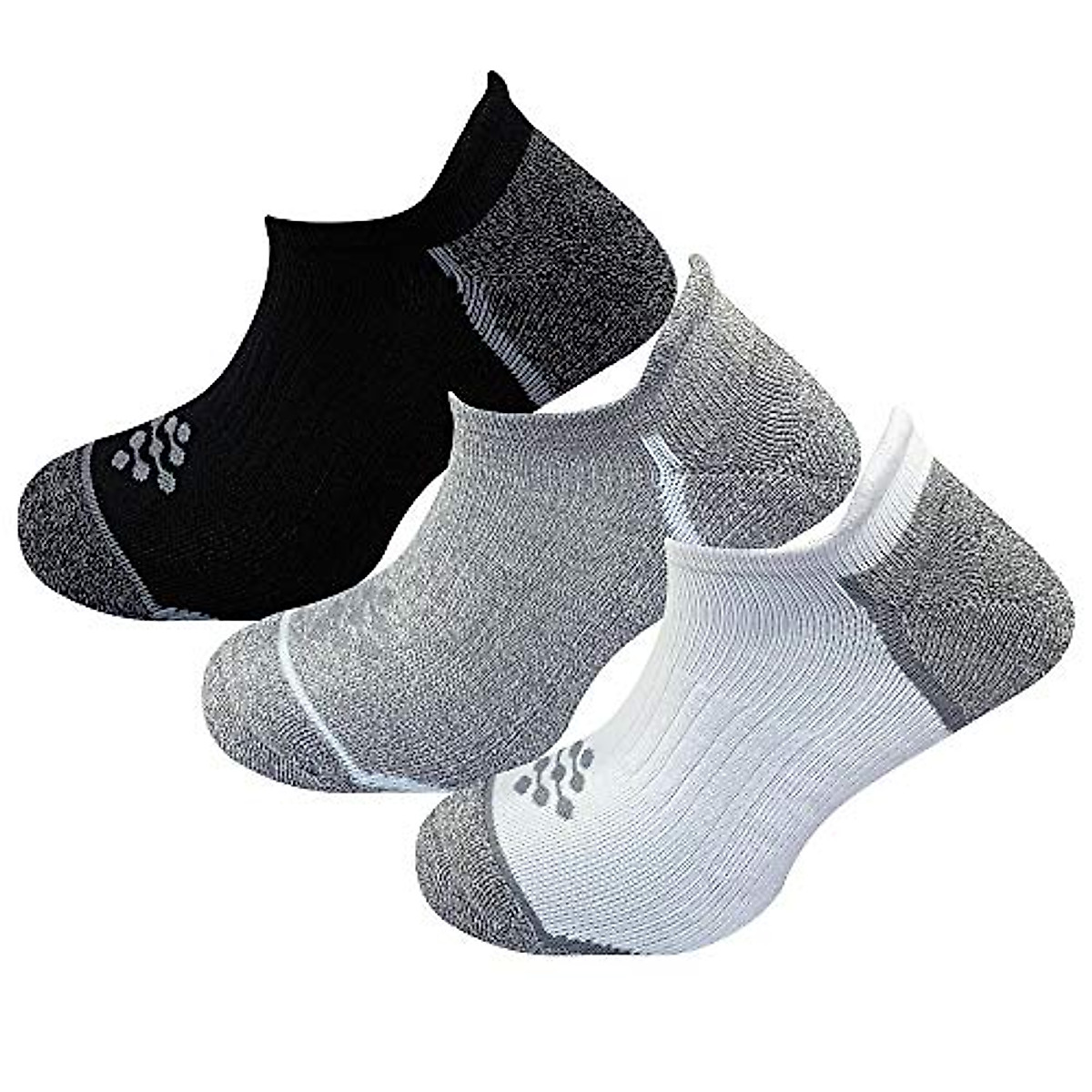 True Energy Women's No Show Tab Running Socks with Infrared Thread- Pain Relief & Circulation Help, (3-Pack) (White Black Grey, S/M)