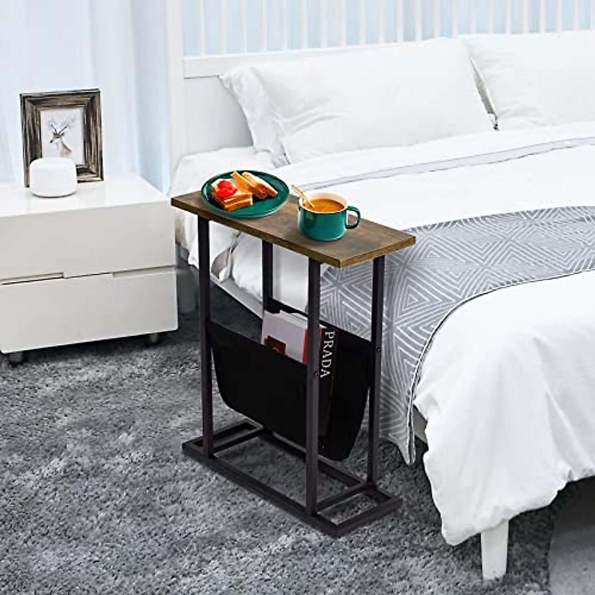 Small Side Table for Small Spaces - Narrow Small End Tables Living Room - Slim End Table with Magazine Holder - Skinny Bedside Table Small Nightstand Bedroom - Industrial Rustic Little Thin Side Table