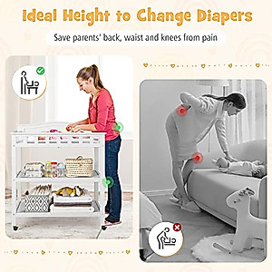 Costzon Baby Changing Table, Infant Diaper Changing Station w/Waterproof Changing Pad, Safety Strap, Storage Shelves, Mobile Nursery Organizer for Newborn, Portable Changing Table with Wheels (White)