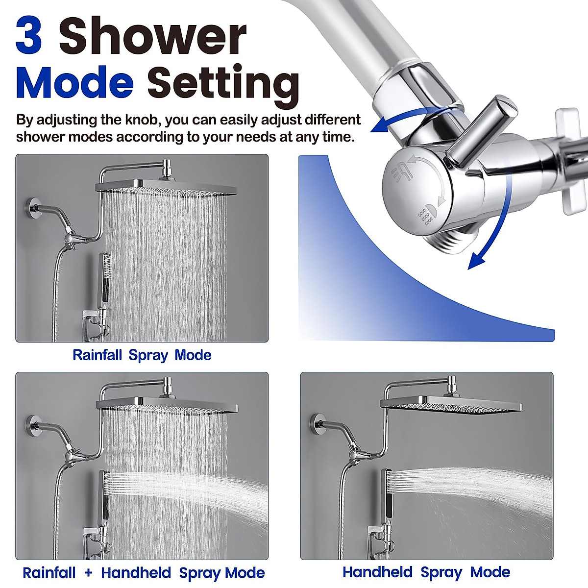 13" Dual Rainfall Shower Head with Handheld Spray Combo, 3 Settings Shower Diverter, Massage Handheld Shower Wand, Adjustable Extension Arm, 71 Inches Extra Long Hose - Polished Chrome