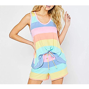 CHUNG Women's Cute Cotton Pajama Set Flamingo Print Tank Tee Shorts Sleepwear Summer (Large, Stripe Pink)