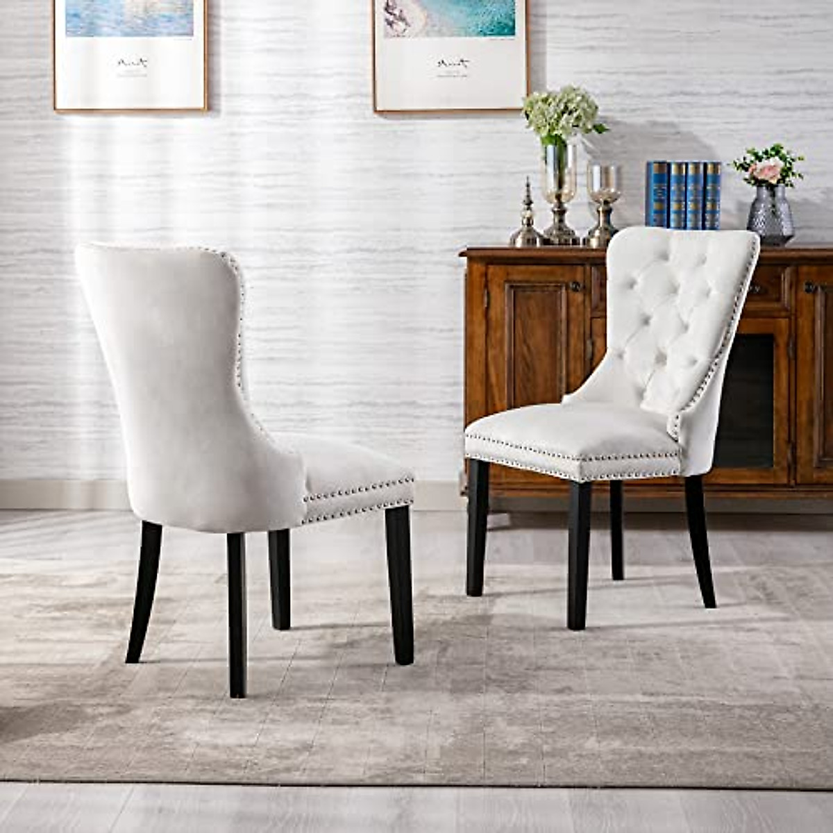 Velvet Button Tufted Wingback Dining Chairs, Mid Century Fabric Upholstered Solid Wood Hostess Parsons Dining Chairs with Nail Heads, Set of 2, Ivory