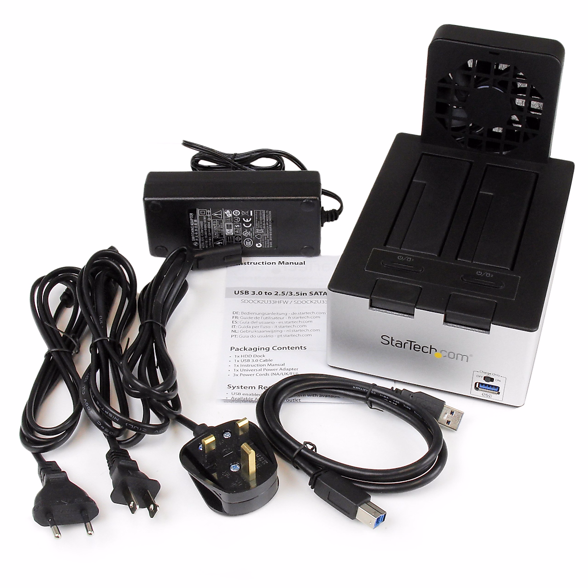 StarTech.com USB 3.0 Dual SATA Hard Drive Docking Station with Fast Charge Hub UASP and Fan, Black/Silver (SDOCK2U33HFB)