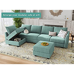 HONBAY Modular Sectional Sofa Sleeper Couch U Shaped Modular Couch with Storage Seats Full Size Modular Sofa Bed for Living Room, Aqua Blue